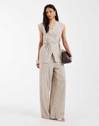 Object Pantalon densemble ample habill&eacute; aspect lin &agrave; rayures - Cr&egrave;me/blanc