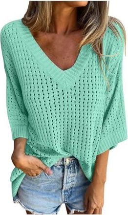 Generic Pull &agrave; manches 3/4 pour femme - Pull tricot&eacute; &agrave; col en V - Surdimensionn&eacute; - Confortable - L&eacute;ger - D&eacute;contract&eacute; - Solide - Tendance - Travail - Bureau - 