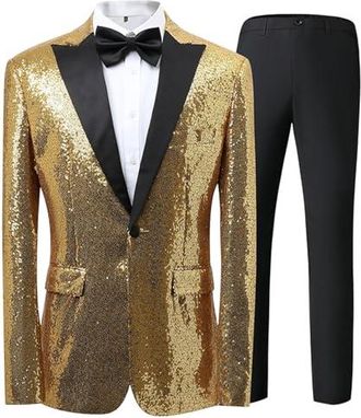 Generic Smoking &agrave; paillettes pour homme 3 pi&egrave;ces Coupe ajust&eacute;e Un bouton Robe Costume Veste Blazer Brillant Ensemble avec noeud papillon, dor&eacute;, XXL