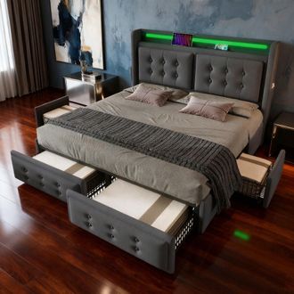 Generic Polsterbett 160x200 cm mit LED-Kopfteil & USB-C Ladefunktion - Graue Baumwolle, 4 Schubladen, 300 kg Belastbarkeit - Inkl. Holzlattenrost & Metallrahm