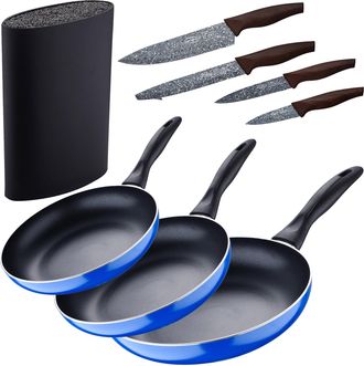 San Ignacio 3-teiliges Pfannenset (16 + 20 + 24 cm) aus gepresstem Aluminium, Induktion, Marineblau, mit 4 Messern, Edelstahl, mit Tacoma/Messerblock