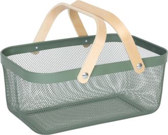 Relaxdays Drahtkorb mit Henkel, eckig, Aufbewahrungskorb Metall & Holz, Utensilienkorb K&uuml;che, Bad, Wohnzimmer, Mint