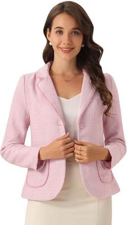 Allegra K Veste en Tweed &agrave; Carreaux Femme avec Bouton &agrave; Revers Crant&eacute; Blazer &Eacute;l&eacute;gant &agrave; Manches Longues Rose M
