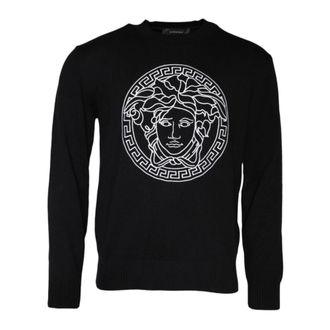 Versace Homme, Pulls, Noir, Taille: L Pull en coton brodé à col rond