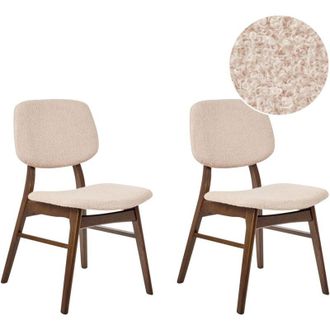 Beliani Lot de 2 Chaises de Salle &agrave; Manger R&eacute;tro Sans Accoudoirs Assise en Tissu Boucl&eacute; Beige Clair Structure en Bois Massif Fonc&eacute; Elaine