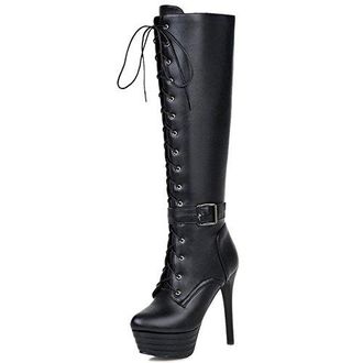 SJJH Bottines hautes pour femme avec talon et lacets, Noir, 38 EU