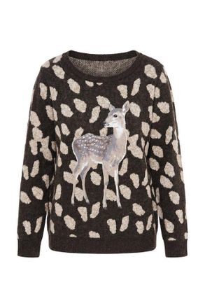 Ulla Popken Strickpullover Pullover Rehkitz Rundhalsausschnitt Langarm