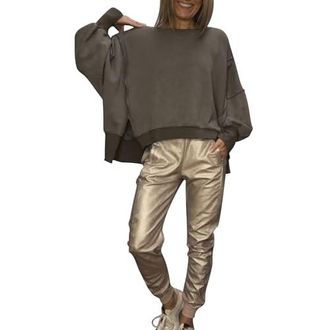 Generic Surv&ecirc;tement 2 pi&egrave;ces pour femme - Pantalon de rue &agrave; manches longues - Col de chemise ray&eacute; - Noir blanc marron - Coupe droite - Ensemble de petite tail