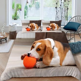 Generic Beagle Bettw&auml;sche 200x220 Hund Bettw&auml;sche Set, 3D Bettbezug Set Weich Microfaser Bettbez&uuml;ge 3 Teilig Tiere Wendebettw&auml;sche f&uuml;r Doppelbett, mit 2 Kisse