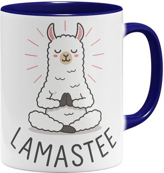 OM3 lustige Lama Kaffee-Tasse mit Spruch - Namaste Alpaka Yoga Motiv - Keramik Becher - 325ml - Beidseitig Bedruckt - Dunkelblau