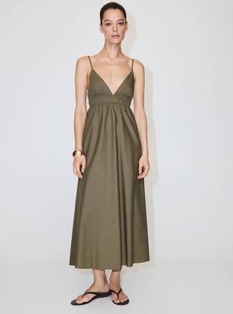 Mango Robe en lyocell &agrave; d&eacute;collet&eacute; en V fronc&eacute; vert - Femme - XS - MANGO