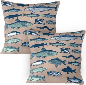Abakuhaus Fisch Kissenbezug Packung mit 2, Grunge Stil Maritim Nautisch Meeresfr&uuml;chte Thema Effekt Illustration Muster, Dekorativer Standard Gedruckter Kissenbe