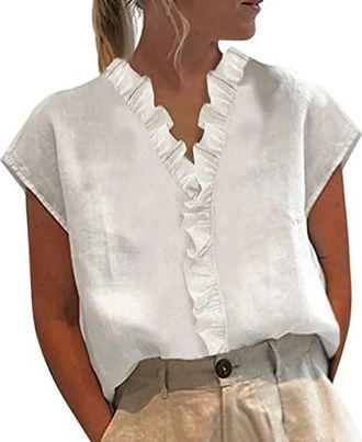 Onsoyours Chemisier Femme T-Shirt Manche Courte Oversized Lin Coton Blouse Casual Col V Couleur Unie Hauts Sexy Mode Chemise Tops Z4 Blanc XL