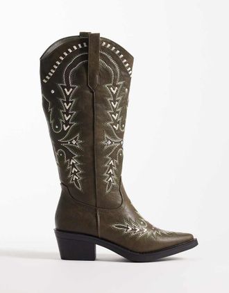 Glamorous Santiags montantes brod&eacute;es - Kaki-Vert