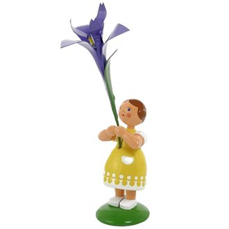 Seiffener Volkskunst Jan Legler | Sommerblumenm&auml;dchen Blumenkinder | Handwerkskunst aus dem Erzgebirge | Holzfigur Fr&uuml;hlingsdeko | 12 cm | mit Iris