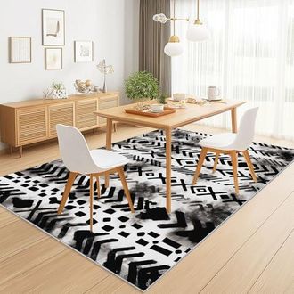 Generic Tapis Imprim&eacute; Rayures Ethniques Lignes Droites Motifs d&eacute;cal&eacute;s pour Salon Chambre D&eacute;coration de la Maison - Noir et Blanc Flanelle Antid&eacute;rapante Tapis 