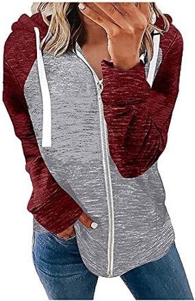Generic Vestes pour femmes 2026 - Coutures d&eacute;contract&eacute;es - Couleur - Manches longues - Poche zipp&eacute;e - Sweat &agrave; capuche avec cordon de serrage, Rouge, XL