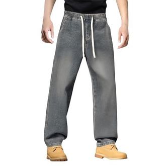 Generic Jean en denim extensible &agrave; jambe droite pour homme, coupe classique avec cordon de serrage, taille &eacute;lastique, confortable et d&eacute;contract&eacute;, pantalon de 