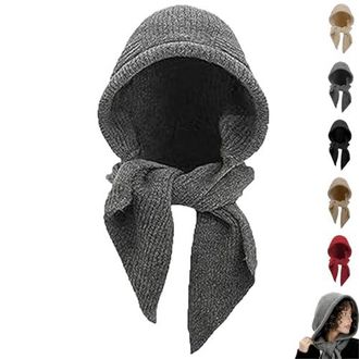 Generic Bonnet tricot&eacute; embelli, &eacute;charpe &agrave; capuche pour femme, bonnet dhiver tricot&eacute;, 2 en 1, pull long ch&acirc;le, gris, Taille unique