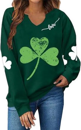 Generic Sweat-shirt tr&egrave;fle porte-bonheur pour femme - Chemise fantaisie - Grande taille - Col en V - Imprim&eacute; tr&egrave;fle irlandais - Tunique ample, vert menthe, XX