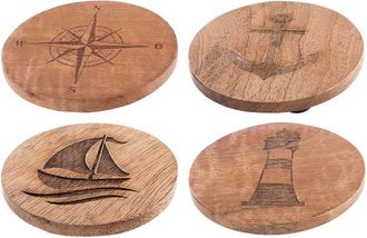 Gilde 4 Holz Untersetzer maritim-mit Symbole von Anker-Schiff-Windrose-Leuchtturm,D.xH. =10cm x 0,5cm,aus Mangoholz