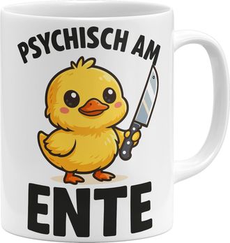 OM3 Psychisch am Ente Kaffee-Tasse mit Spruch - Spruchtasse Fun Motiv - Schwarzem Humor - Keramik Becher - 325ml - Beidseitig Bedruckt - Weiss