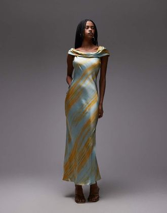 Topshop Robe longue habillée drapée aux épaules imprimé effet flou - Rouille-Multicolore