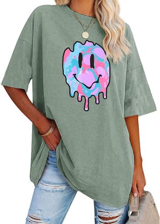Dresswel Oversize Shirt Damen Lustige Emotionen Druck T-Shirt Kurzarm Rundhals Neuheit Tshirts Sommer Tops Lose Lang Oberteile Bluse f&uuml;r Teenager M&auml;dchen