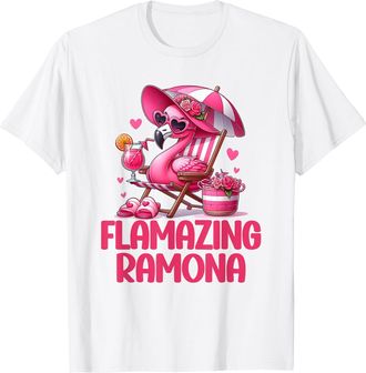 BDAZ Flamazing Ramona Pink Flamingo Tropical Beach Scene Damen T-Shirt