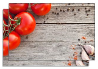 Wallario 2er Set Fr&uuml;hst&uuml;cksbrettchen aus Glas, Glasunterlage, Glasbrettchen Tomaten und Gew&uuml;rze auf altem Holztisch, Gr&ouml;&szlig;e 30 x 20 cm, Sicherheitsglas