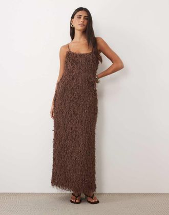 Asos robe longue faux-feather couleur chocolat-Marron