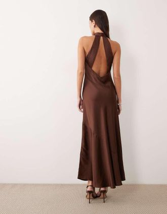Vila Robe longue en satin &agrave; encolure licou et dos nu - Marron chocolat-Brown