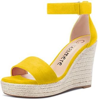 Castamere Femmes Haut High Talon Heel Compensé Plate-forme Ouvert Bout Lanières Cheville Sandales Mariage Party Dress 10 CM Heels Jaune Suède 36 EU