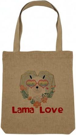Fabulous Sac Shopping Tote Bag Aspect Lin - Lama Love Dessin Illustration Hippie Peace - Sac de Courses Toile Epaisse 360g Beige Naturel Cabas Port&eacute; Epaule Sol