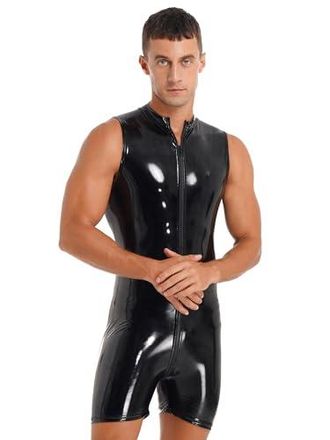 TiaoBug Sexy Combinaison Homme Maillots de Corps Cuir Verni Brillant Zip Body D&eacute;bardeur Gilet Boxer Jumpsuit Sport Fitness Musculation Combishort Bodysuit Clu
