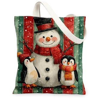 Generic Sacs fourre-tout en toile motif bonhomme de neige pingouin - Réutilisables - Légers et lavables - Pour voyage, pique-nique - 33 x 38 cm