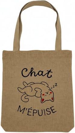 Fabulous Sac Shopping Tote Bag Aspect Lin - Chat m&eacute;puise Jeu de Mot Humour Animal - Sac de Courses Toile Epaisse 360g Beige Naturel Cabas Port&eacute; Epaule Solide I