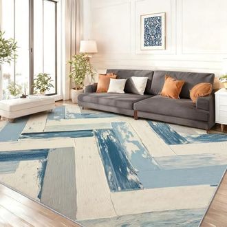 Generic Beige Bleu Tapis pour Salon 140 x 200 cm, Lavables avec Dos Antid&eacute;rapant, Tapis &agrave; Poils Courts Imprim&eacute; Vintage Rustique G&eacute;om&eacute;trique Forme en V pour Cu