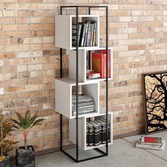 Hanah Home Modern Bookshelf, Black & White, 52 x 160 x 38 cm | 100% Melamine Coated Particle Board & Metal Frame | Wall-Mountable, Stylish Storage Solution
