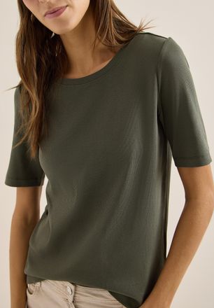 Cecil T-Shirt CECIL, Damen, Gr. XXL (46), khaki, Web, 95% Baumwolle, 5% Elasthan, unifarben, comfort fit normal, Rundhals, abgesteppt, Shirts T-Shirt, mit R