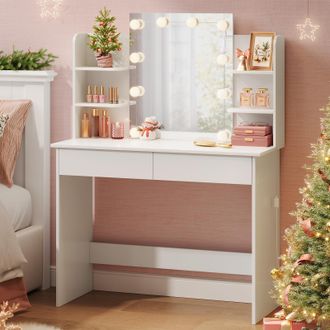 Woltu Schminktisch, mit Beleuchtung LED, Einstellbarer Helligkeit, Schminktisch mit Großer Spiegel, Frisiertisch mit 2 Schubladen, 4 offene Ablagen, modern 