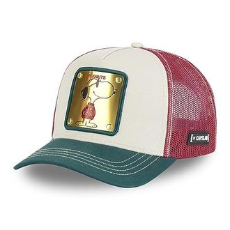 Capslab Snoopy The Peanuts Metal Plate Beige Green Red Trucker Cap - One-Size