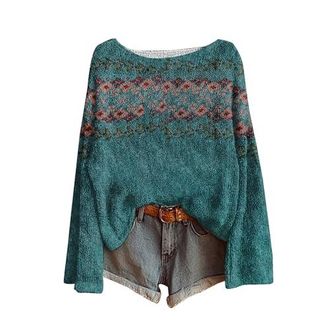 Generic Pull pour femme - Imprim&eacute; artistique - Col rond - Pull tricot&eacute; &agrave; manches longues - Coupe ample - L&eacute;ger - Doux - Extensible - Confortable - Chemisier d