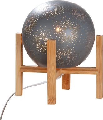Gilde Porzellan Tischlampe mit Stern Motiv - Lampe Standlampe mit Holzfuß und Lochmuster - Deko Wohnzimmer - Geschenke für Frauen - Farbe: grau - Höhe 24 cm
