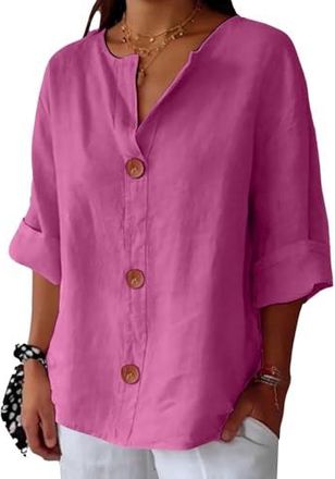 Generic Chemise boutonn&eacute;e en coton et lin &agrave; manches 3/4 pour femme, col en V, uni, coupe ample, tenue dautomne, rose, 5XL