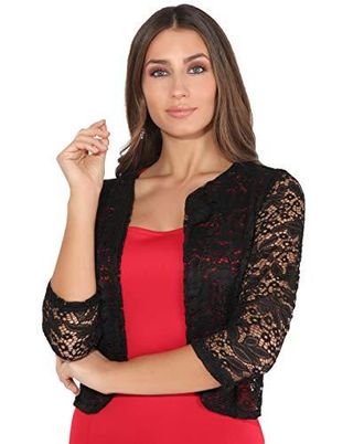 Krisp Gilet Court Femme Dentelle Boléro Élégant Chic Soirée Fête Cérémonie Marriage Cardigan Veste, Noir, 36, 3918-BLK-08