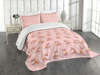 Abakuhaus Hundeliebhaber Tagesdecke Set, Cute Little Corgis, Set mit Kissenbezug luftdurchl&auml;ssig, f&uuml;r Einzelbetten 170 x 220 cm,Korallen orange wei&szlig;