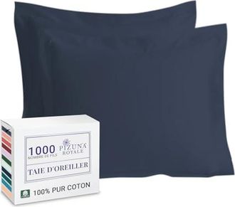 Pizuna Coton Set de 2 Taies doreiller 65x65 cm Bleu fonc&eacute;, 1000 Fils au Pouce, 100% Coton &agrave; Fibres Longues en Armure Satin Taies doreiller en Coton 65x65 ave