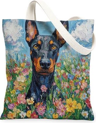 Generic Sac fourre-tout en toile motif chien doberman printanier 33 x 38,1 cm, peinture &agrave; lhuile motif chiot fleur sauvage, sac d&eacute;picerie r&eacute;utilisable pour fe