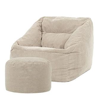 Icon Brand Natalia Fauteuil Pouf Velours Côtelé avec Rond Tabouret, Gros Pouf avec Remplissage, Fauteuil Salon Confortable, 1 Place, Chaise Chambre, Meuble Salon